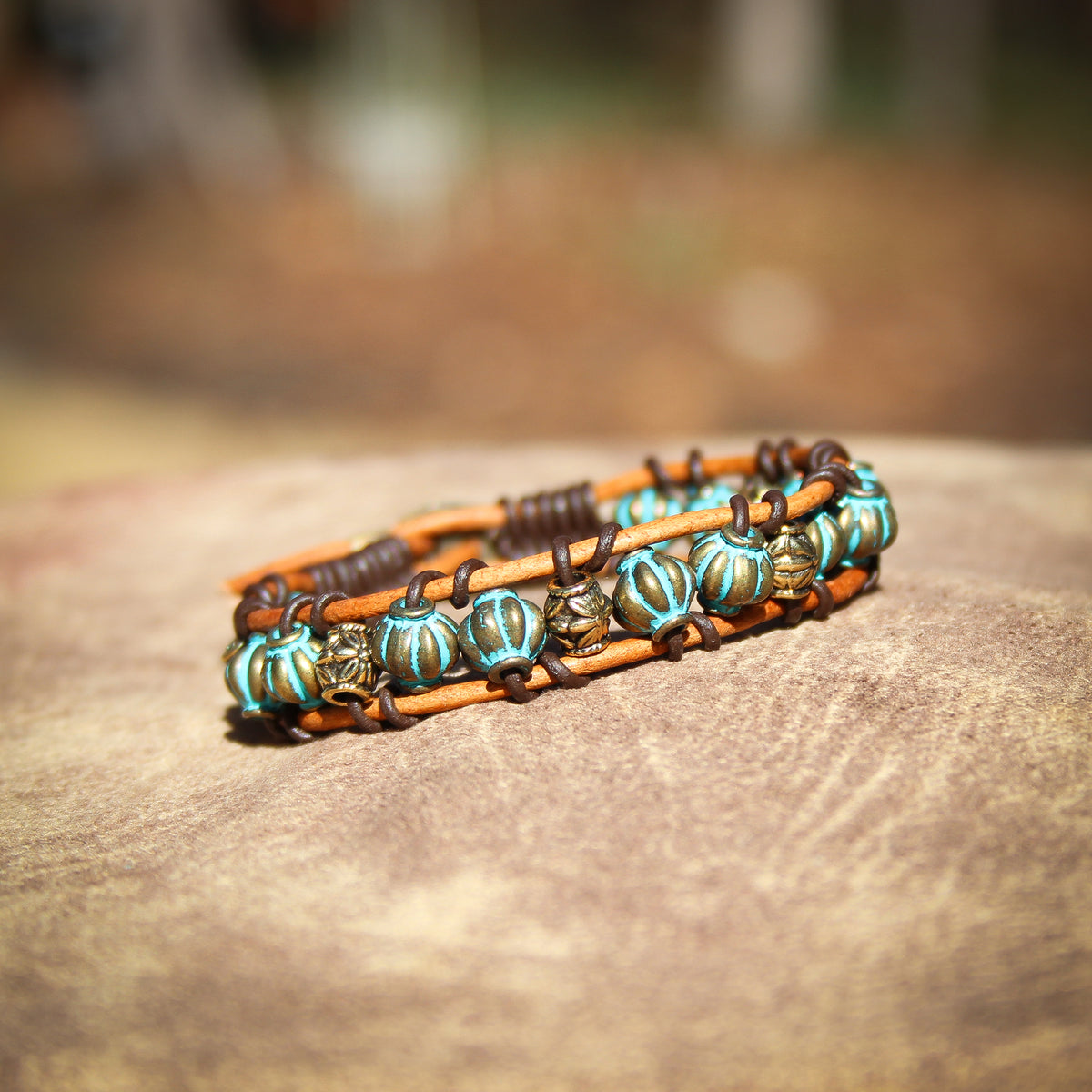 Beaded Leather Bracelet: Turquoise Patina and Brass – VintageAmerica